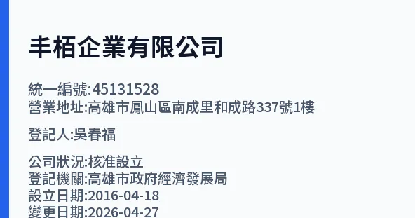 丰栢企業有限公司的照片-統編 45131528(高雄市) 公司登記資料與營業項目詳細圖表