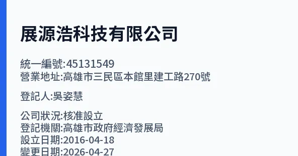 展源浩科技有限公司的照片-統編 45131549(高雄市) 公司登記資料與營業項目詳細圖表