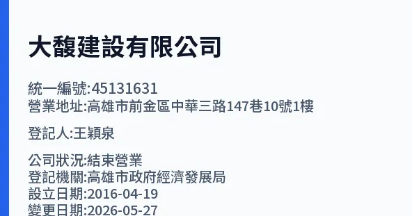 大馥建設有限公司的照片-統編 45131631(高雄市) 公司登記資料與營業項目詳細圖表