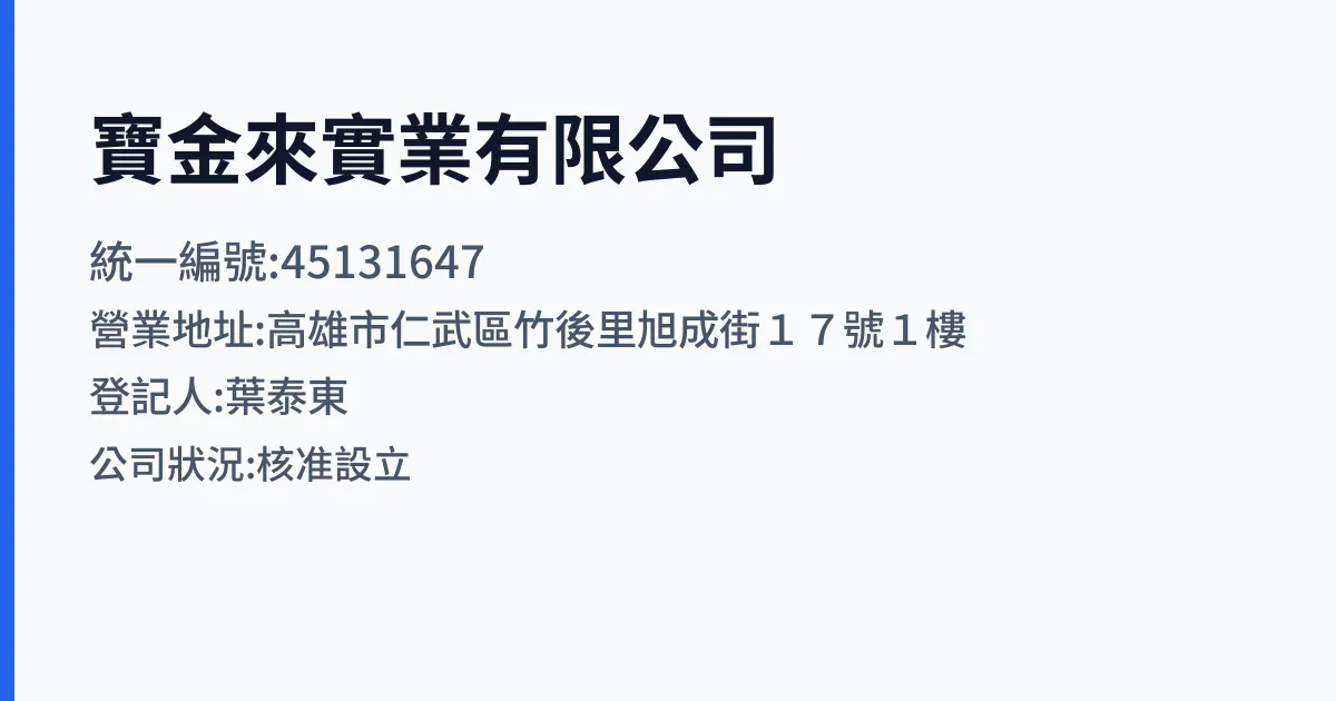 寶金來實業有限公司 - 統編 45131647(高雄市) 公司登記資料與營業項目詳細圖表