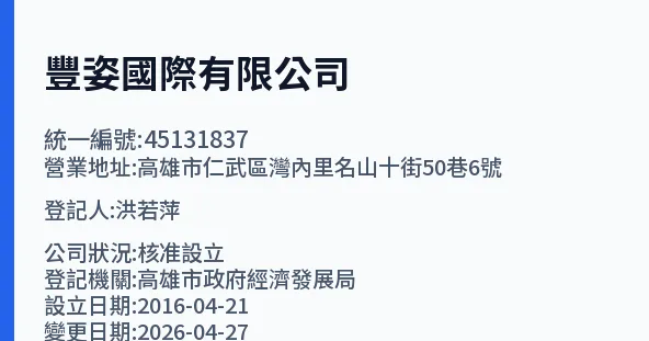 豐姿國際有限公司的照片-統編 45131837(高雄市) 公司登記資料與營業項目詳細圖表