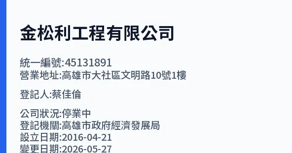 金松利工程有限公司的照片-統編 45131891(高雄市) 公司登記資料與營業項目詳細圖表