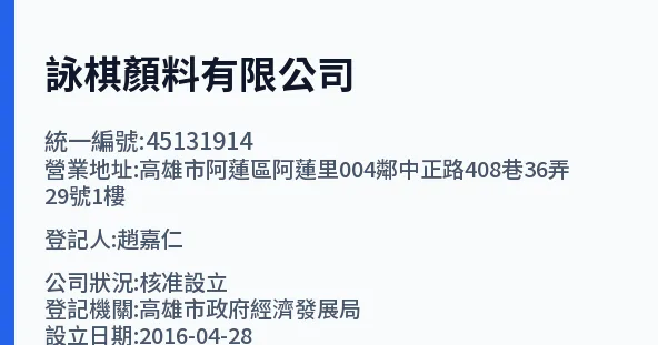 詠棋顏料有限公司的照片-統編 45131914(高雄市) 公司登記資料與營業項目詳細圖表