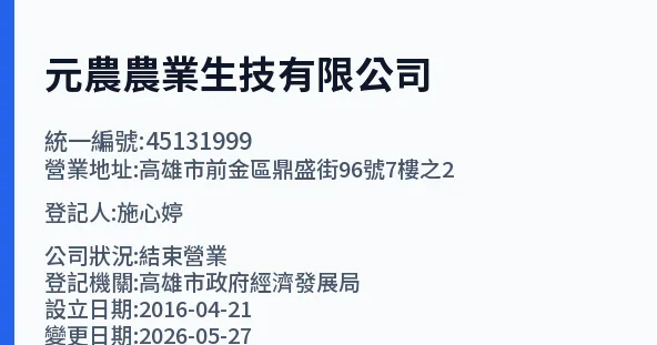 元農農業生技有限公司的照片-統編 45131999(高雄市) 公司登記資料與營業項目詳細圖表