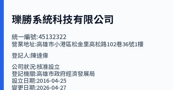 瓅勝系統科技有限公司的照片-統編 45132322(高雄市) 公司登記資料與營業項目詳細圖表