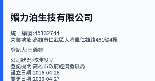 媚力泊生技有限公司的照片-統編 45132744(高雄市) 公司登記資料與營業項目詳細圖表