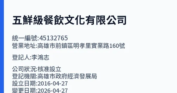 五鮮級餐飲文化有限公司的照片-統編 45132765(高雄市) 公司登記資料與營業項目詳細圖表