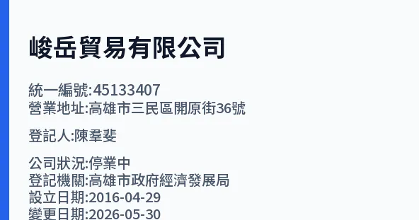峻岳貿易有限公司的照片-統編 45133407(高雄市) 公司登記資料與營業項目詳細圖表