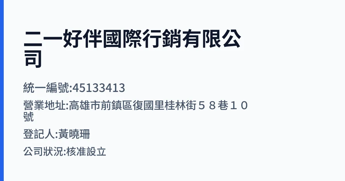 二一好伴國際行銷有限公司 - 統編 45133413(高雄市) 公司登記資料與營業項目詳細圖表