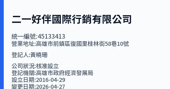 二一好伴國際行銷有限公司的照片-統編 45133413(高雄市) 公司登記資料與營業項目詳細圖表