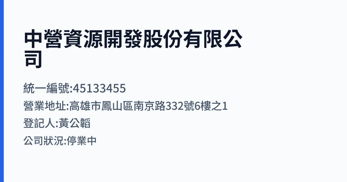 中營資源開發股份有限公司 - 統編 45133455(高雄市) 公司登記資料與營業項目詳細圖表