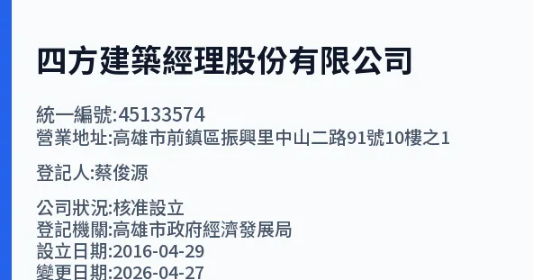 四方建築經理股份有限公司的照片-統編 45133574(高雄市) 公司登記資料與營業項目詳細圖表
