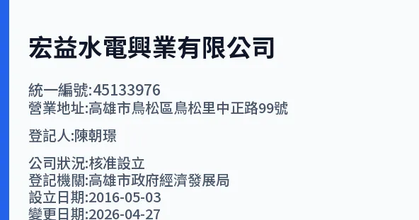 宏益水電興業有限公司的照片-統編 45133976(高雄市) 公司登記資料與營業項目詳細圖表