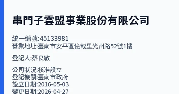 串門子雲盟事業股份有限公司的照片-統編 45133981(臺南市) 公司登記資料與營業項目詳細圖表