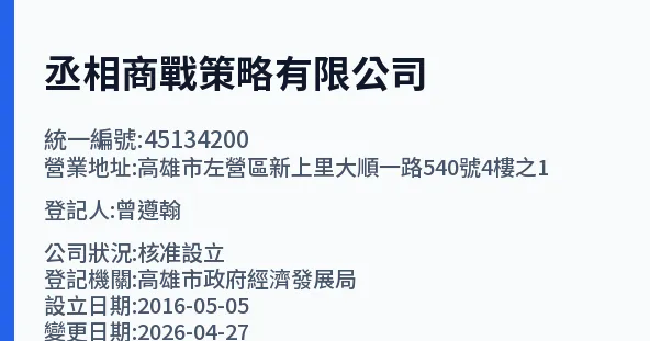 丞相商戰策略有限公司的照片-統編 45134200(高雄市) 公司登記資料與營業項目詳細圖表