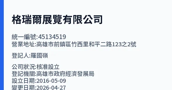 格瑞爾展覽有限公司的照片-統編 45134519(高雄市) 公司登記資料與營業項目詳細圖表