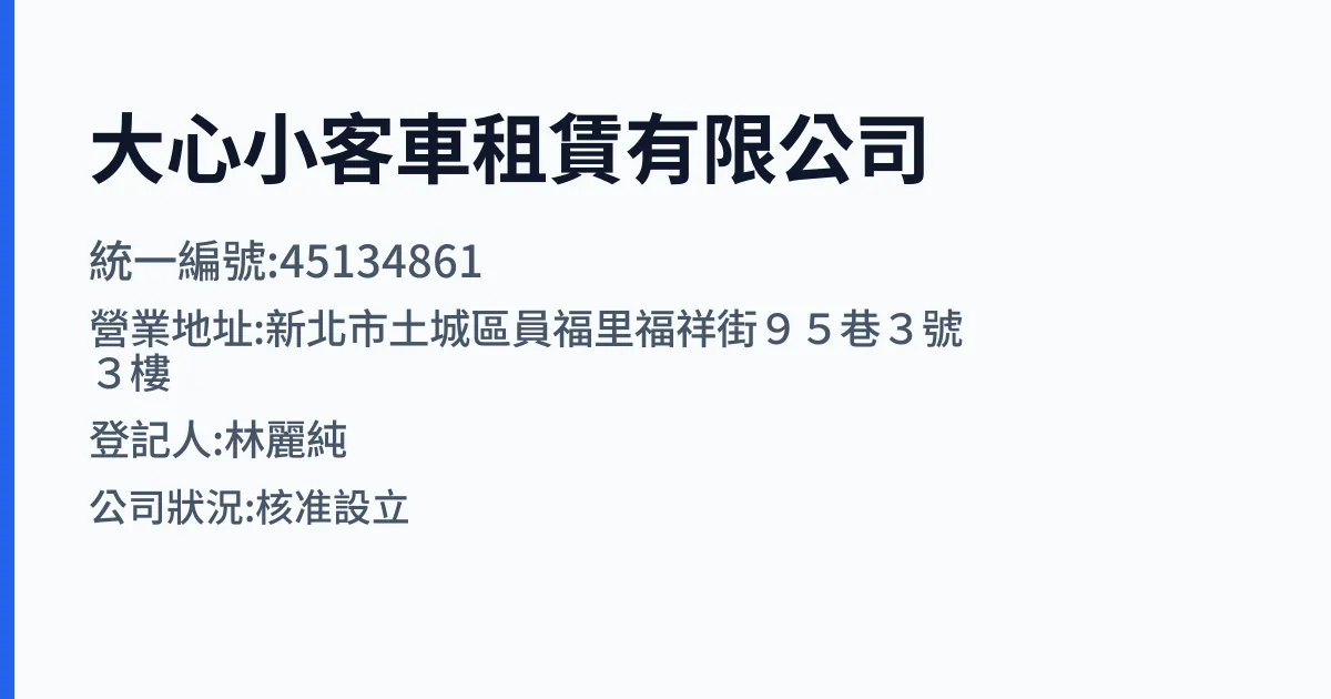 大心小客車租賃有限公司 - 統編 45134861（新北市） 公司登記資料與營業項目詳細圖表