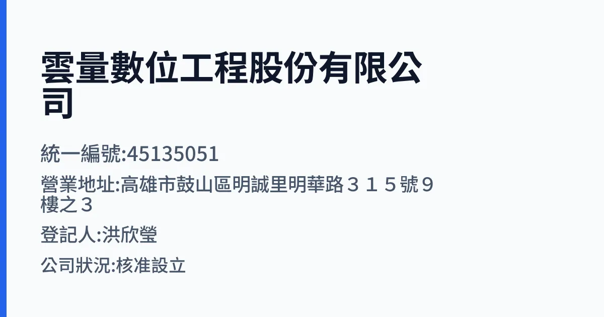 雲量數位工程股份有限公司 - 統編 45135051(高雄市) 公司登記資料與營業項目詳細圖表