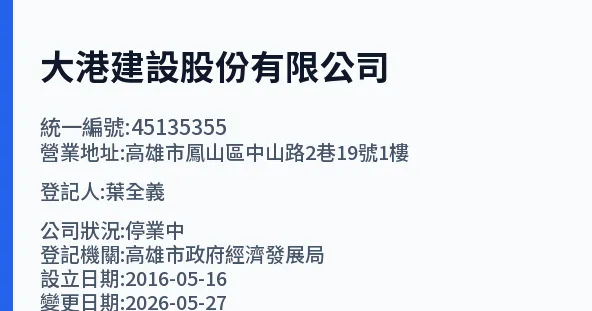 大港建設股份有限公司的照片-統編 45135355(高雄市) 公司登記資料與營業項目詳細圖表