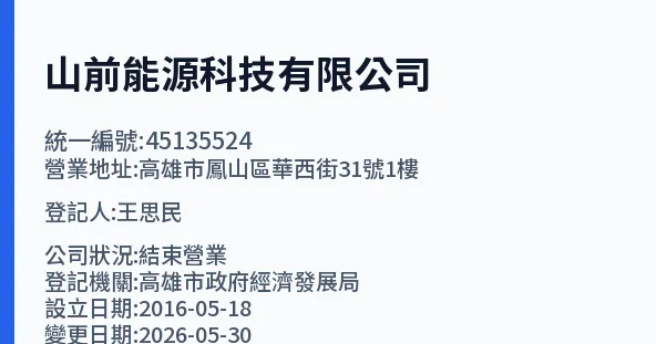 山前能源科技有限公司的照片-統編 45135524(高雄市) 公司登記資料與營業項目詳細圖表