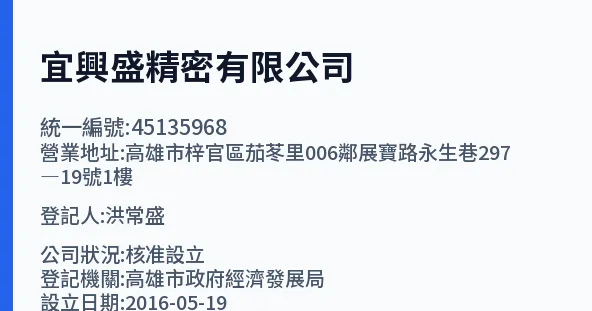 宜興盛精密有限公司的照片-統編 45135968(高雄市) 公司登記資料與營業項目詳細圖表