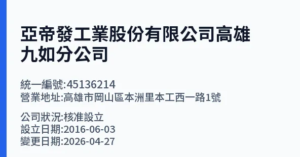 亞帝發工業股份有限公司高雄九如分公司的照片-統編 45136214(高雄市) 公司登記資料與營業項目詳細圖表