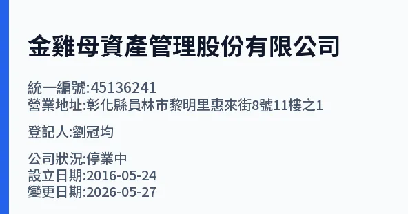 金雞母資產管理股份有限公司的照片-統編 45136241(彰化縣) 公司登記資料與營業項目詳細圖表