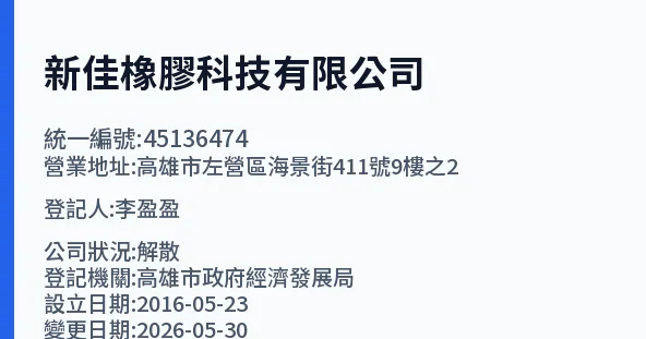 新佳橡膠科技有限公司的照片-統編 45136474(高雄市) 公司登記資料與營業項目詳細圖表