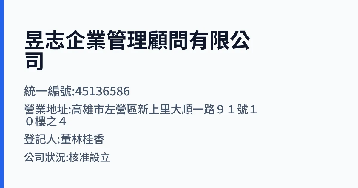 昱志企業管理顧問有限公司 - 統編 45136586(高雄市) 公司登記資料與營業項目詳細圖表