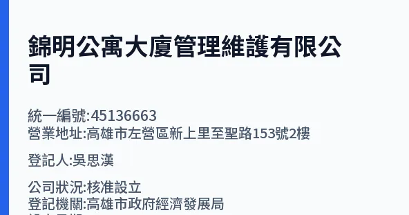 錦明公寓大廈管理維護有限公司的照片-統編 45136663(高雄市) 公司登記資料與營業項目詳細圖表