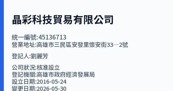 晶彩科技貿易有限公司的照片-統編 45136713(高雄市) 公司登記資料與營業項目詳細圖表