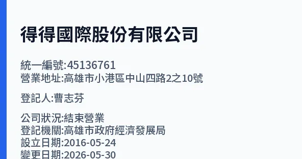 得得國際股份有限公司的照片-統編 45136761(高雄市) 公司登記資料與營業項目詳細圖表