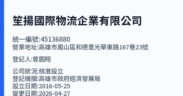 笙揚國際物流企業有限公司的照片-統編 45136880(高雄市) 公司登記資料與營業項目詳細圖表