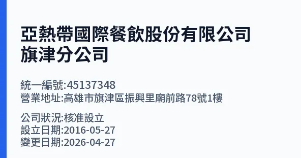 亞熱帶國際餐飲股份有限公司旗津分公司的照片-統編 45137348(高雄市) 公司登記資料與營業項目詳細圖表