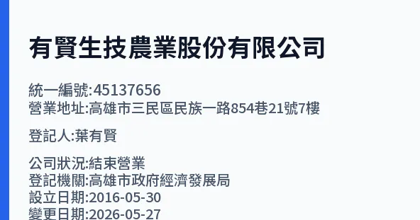 有賢生技農業股份有限公司的照片-統編 45137656(高雄市) 公司登記資料與營業項目詳細圖表