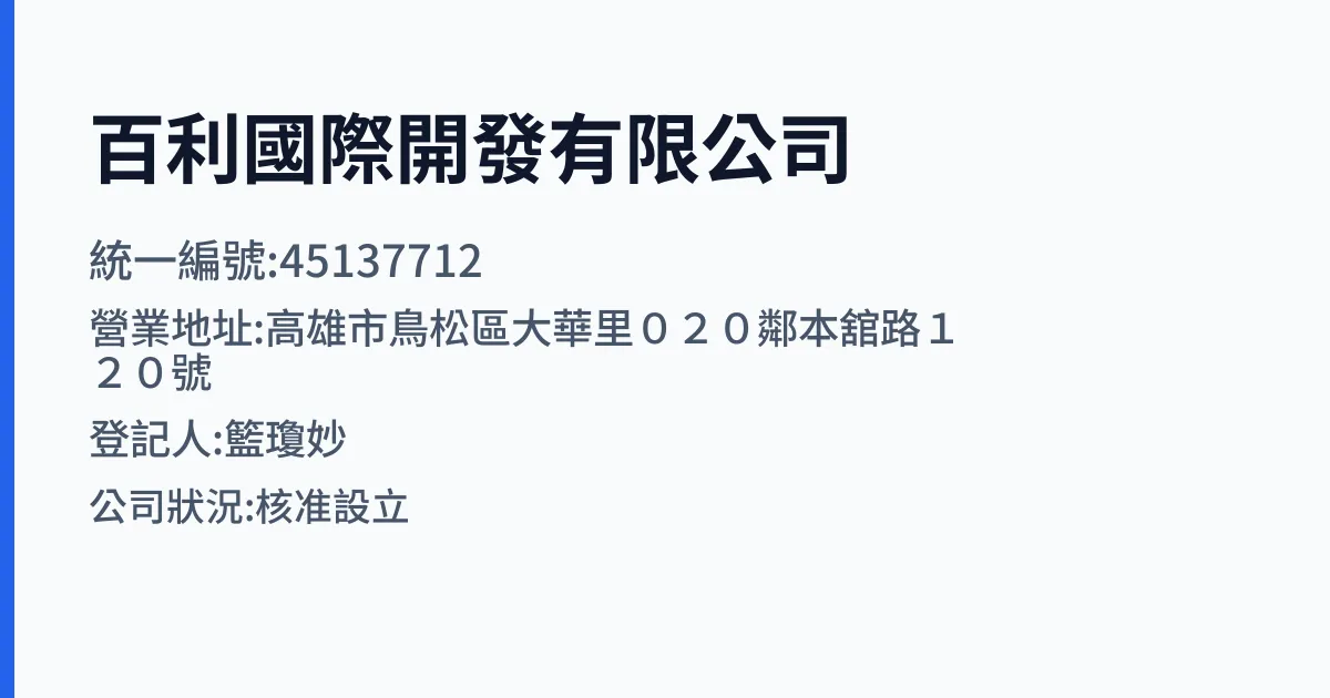 百利國際開發有限公司 - 統編 45137712(高雄市) 公司登記資料與營業項目詳細圖表