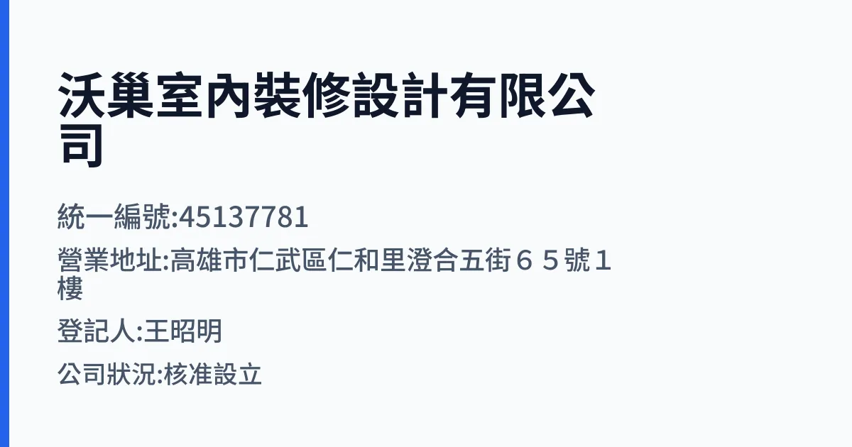 沃巢室內裝修設計有限公司 - 統編 45137781(高雄市) 公司登記資料與營業項目詳細圖表
