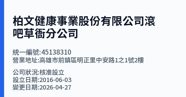 柏文健康事業股份有限公司滾吧草衙分公司的照片-統編 45138310(高雄市) 公司登記資料與營業項目詳細圖表