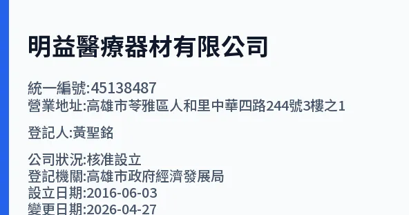 明益醫療器材有限公司的照片-統編 45138487(高雄市) 公司登記資料與營業項目詳細圖表