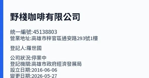 野棧咖啡有限公司的照片-統編 45138803(高雄市) 公司登記資料與營業項目詳細圖表