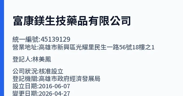 富康鎂生技藥品有限公司的照片-統編 45139129(高雄市) 公司登記資料與營業項目詳細圖表