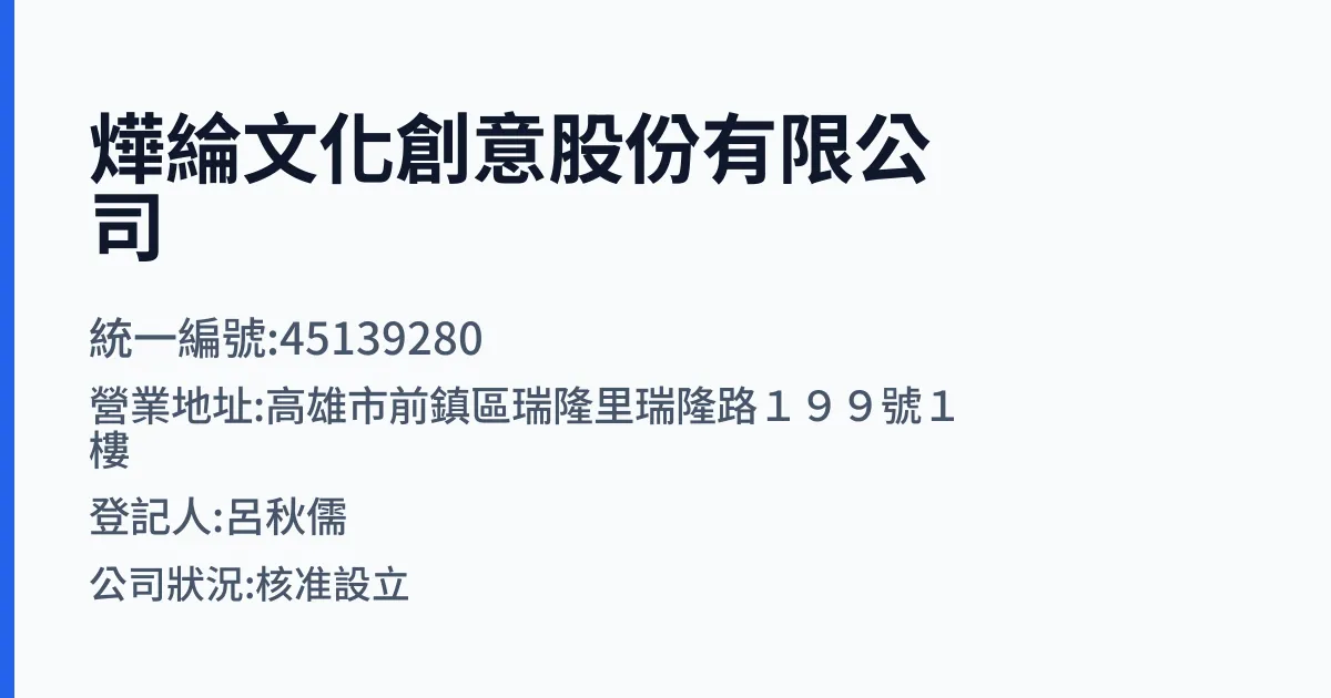 燁綸文化創意股份有限公司 - 統編 45139280(高雄市) 公司登記資料與營業項目詳細圖表