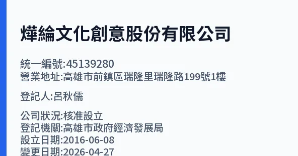 燁綸文化創意股份有限公司的照片-統編 45139280(高雄市) 公司登記資料與營業項目詳細圖表