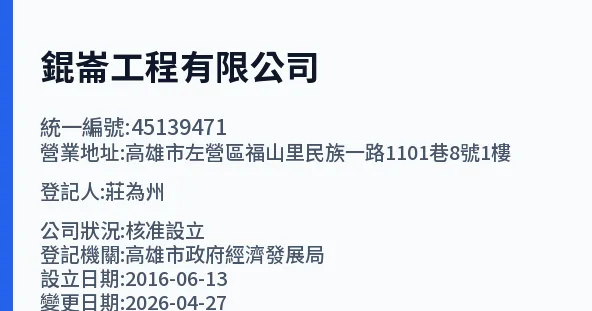 錕崙工程有限公司的照片-統編 45139471(高雄市) 公司登記資料與營業項目詳細圖表
