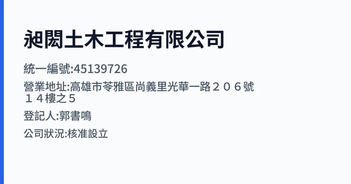 昶閎土木工程有限公司 - 統編 45139726(高雄市) 公司登記資料與營業項目詳細圖表
