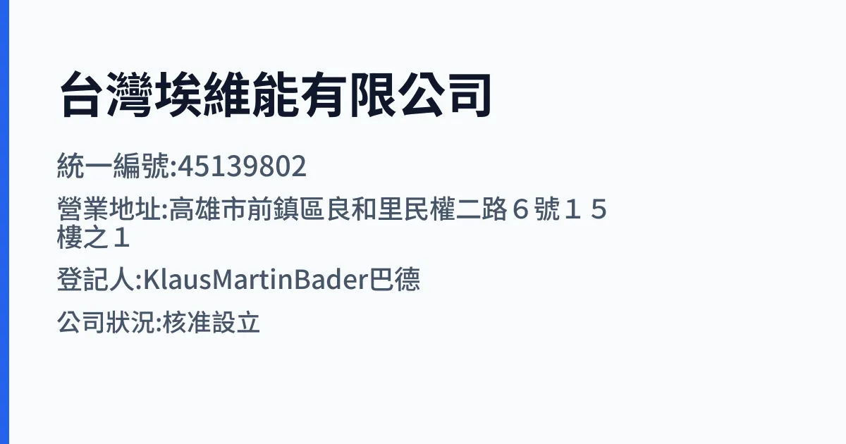 台灣埃維能有限公司 - 統編 45139802(高雄市) 公司登記資料與營業項目詳細圖表