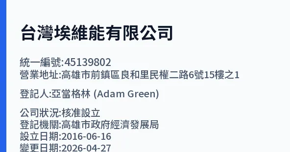 台灣埃維能有限公司的照片-統編 45139802(高雄市) 公司登記資料與營業項目詳細圖表