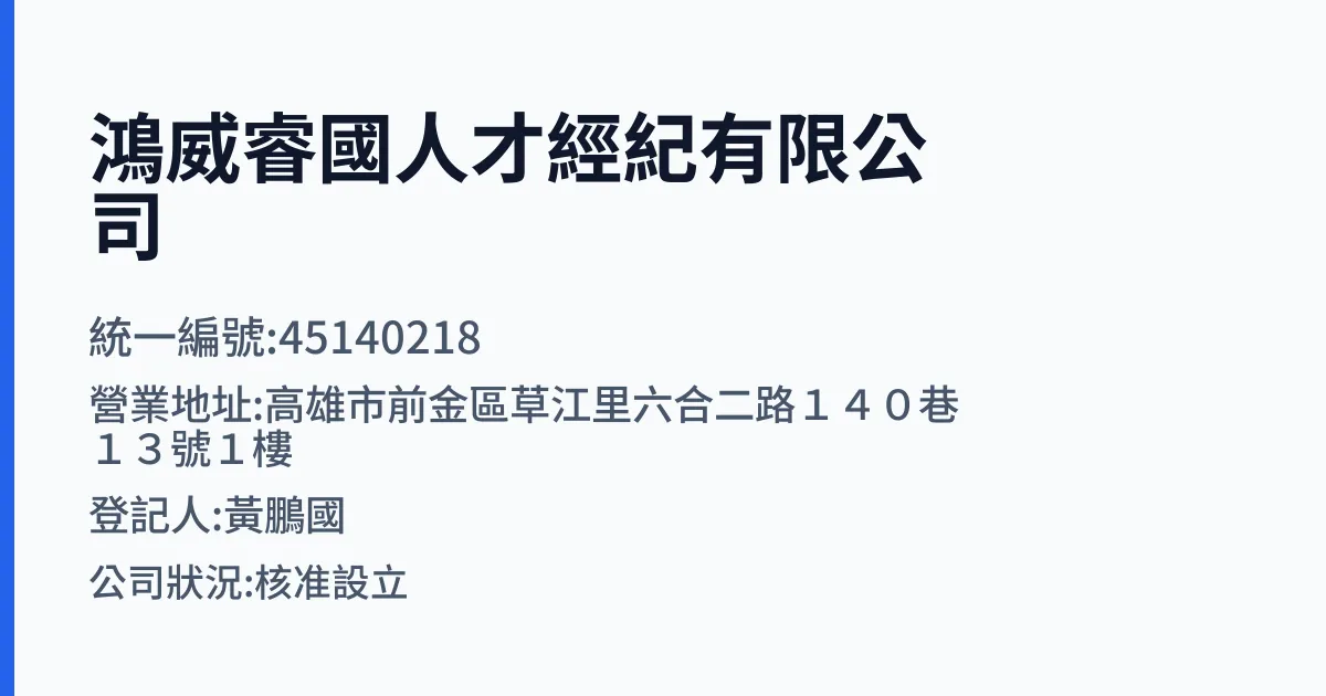 鴻威睿國人才經紀有限公司 - 統編 45140218（高雄市） 公司登記資料與營業項目詳細圖表