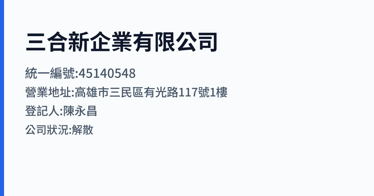 三合新企業有限公司 - 統編 45140548(高雄市) 公司登記資料與營業項目詳細圖表