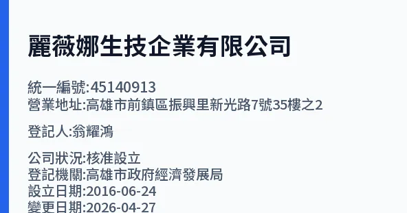 麗薇娜生技企業有限公司的照片-統編 45140913(高雄市) 公司登記資料與營業項目詳細圖表